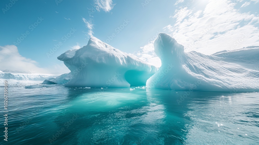 Giant iceberg melting in the Arctic Ocean under a blue sky. Snow ...