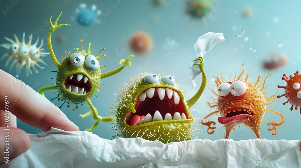 Three cartoon germs are terrified of a tissue being held by a hand. The ...