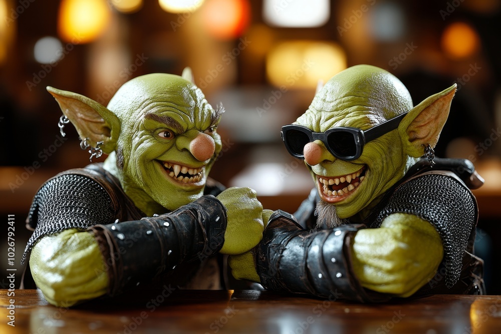 Funny goblin characters in a fantasy tavern, arm-wrestling and telling ...