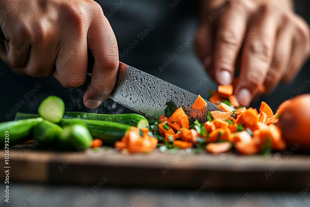 Hyper-realistic close-up of hands chopping vegetables for the first ...