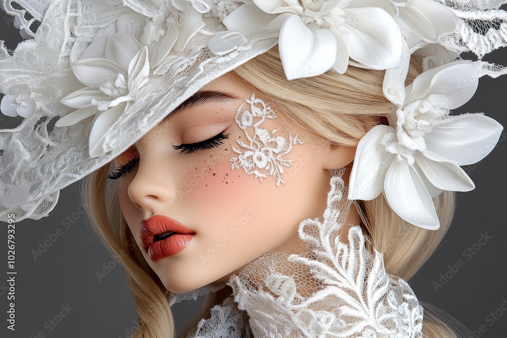 Hyper-realistic image of a porcelain doll, with the delicate texture of ...