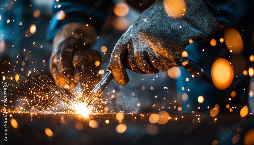Dynamic closeup of a welder using a MIG welder, with vivid sparks and ...