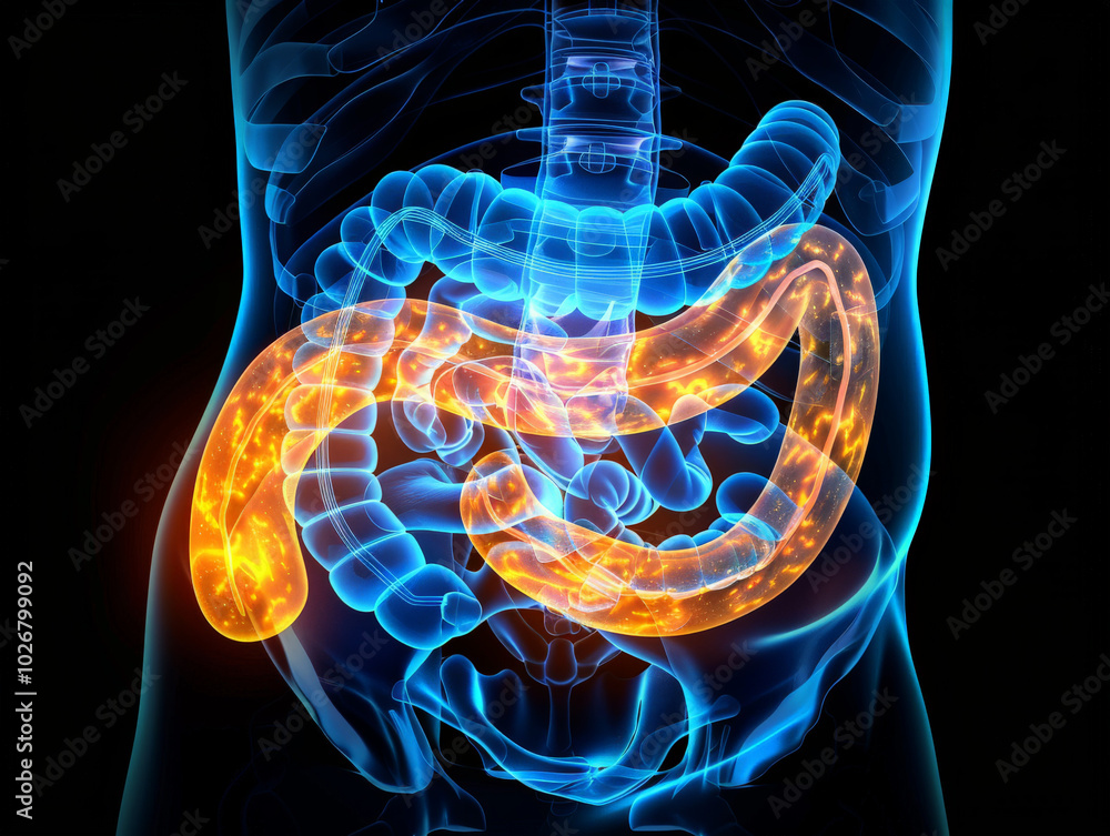 image depicts detailed anatomical illustration of human digestive ...