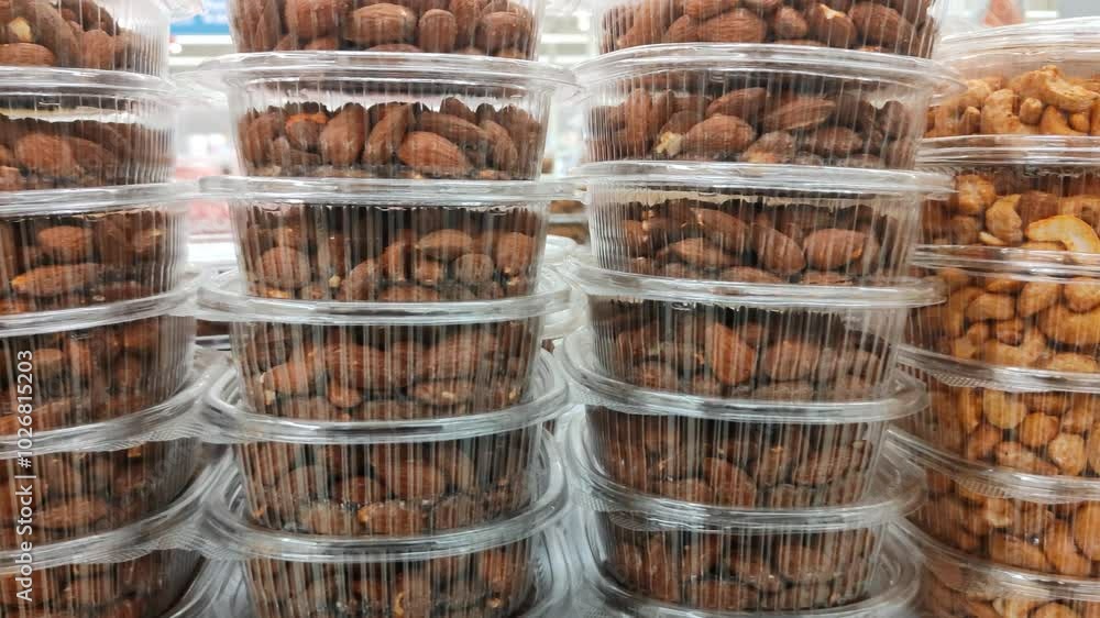 Different types of nuts in transparent plastic boxes on shelf in ...