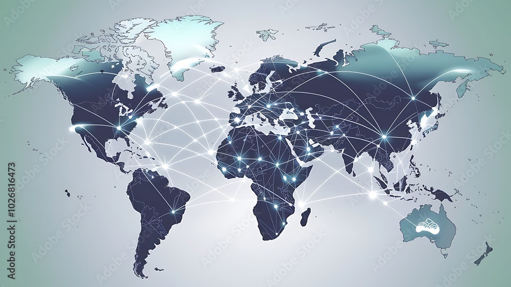 A world map with interconnected lines forming a network of people ...
