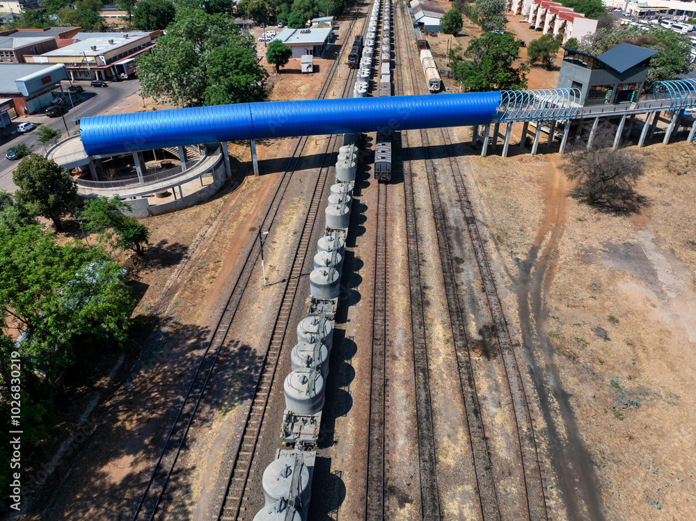 aerial view, railway train tracks, african railroad, Lobatse, Botswana ...