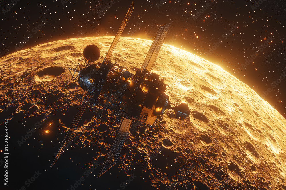 A space probe sending back images from a distant moon, showcasing the ...