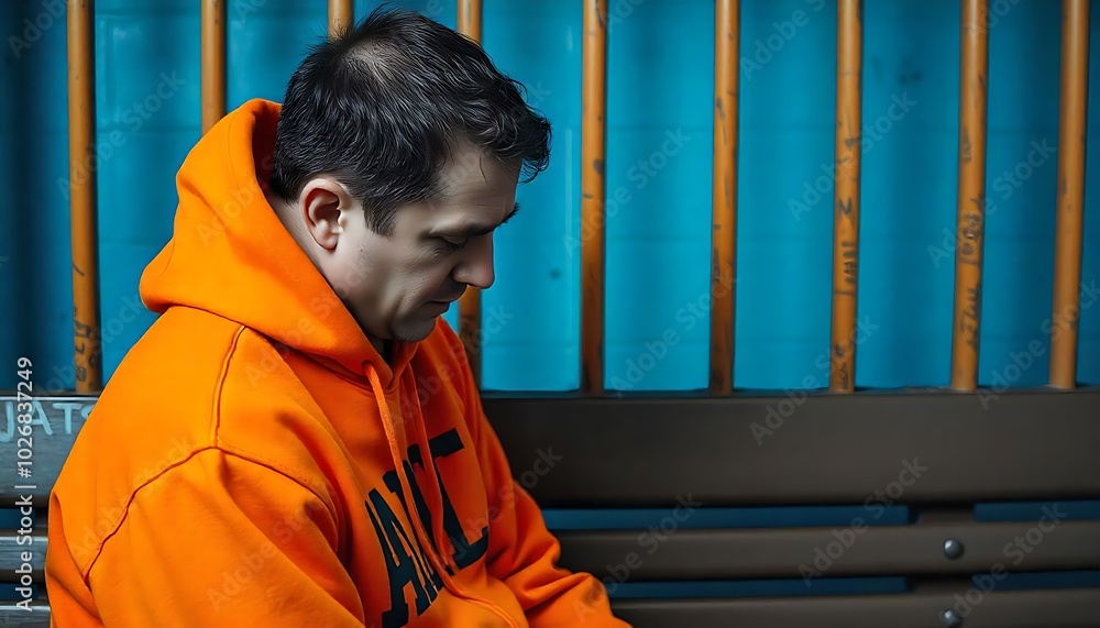 man wearing an orange jail clothes sitting on a bench against a blue ...