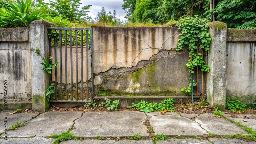 Crumbled concrete fence foundation and overgrown walkway Stock Photo ...