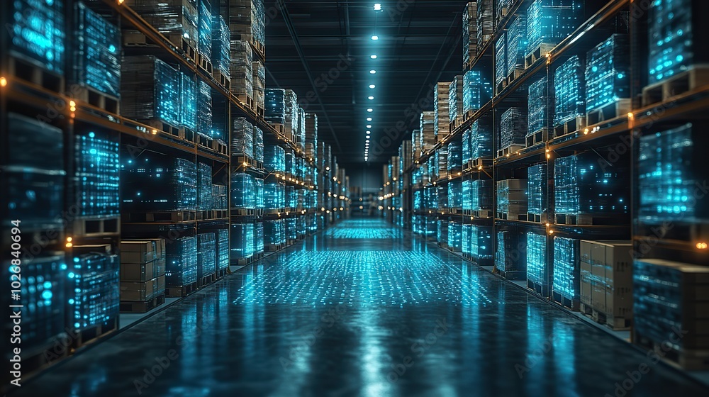 A high-tech warehouse with a digital network overlay, illustrating an ...