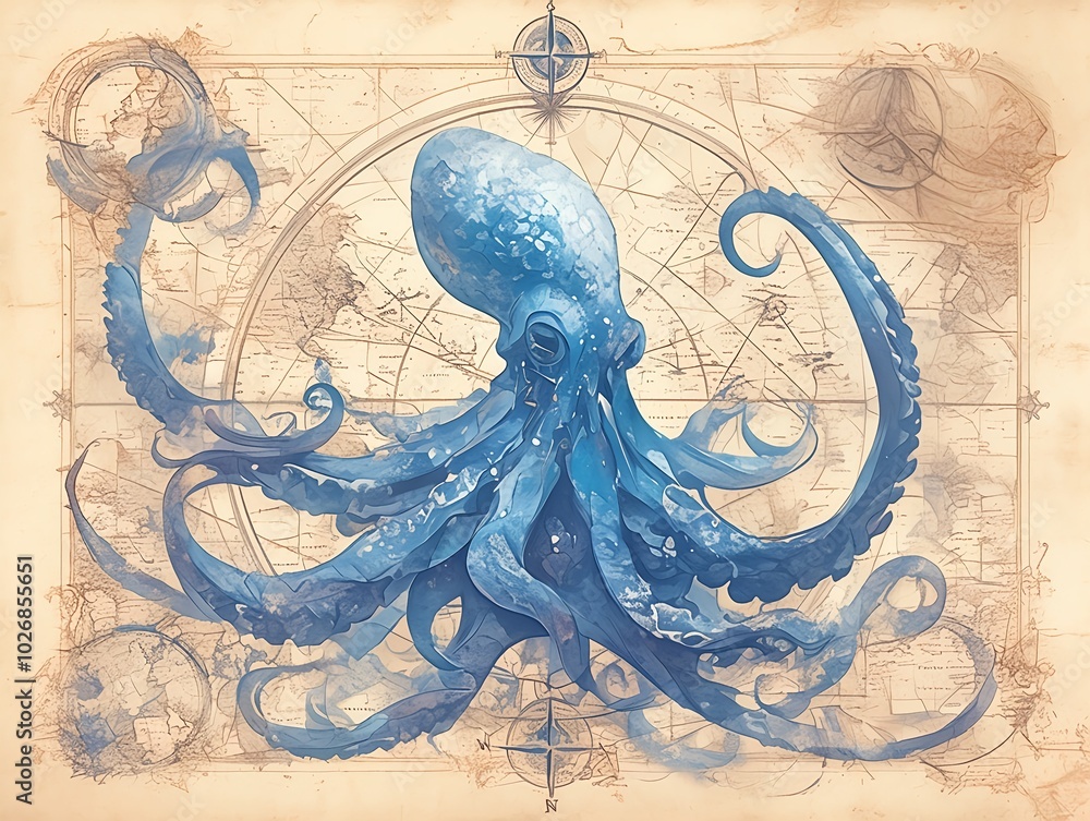 A nautical map with mermaids, sea monsters, and a vintage compass on a ...