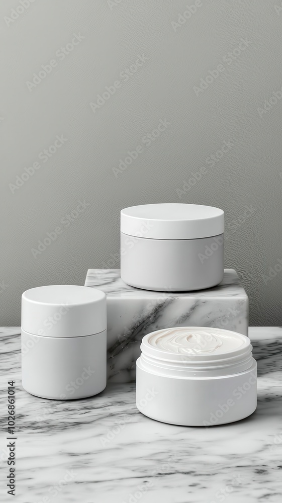 Elegant cream stands on a marble surface, featuring matte and glossy ...