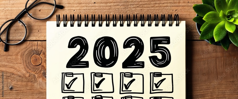 The notepad displays the year '2025' in bold, black, hand-drawn style ...