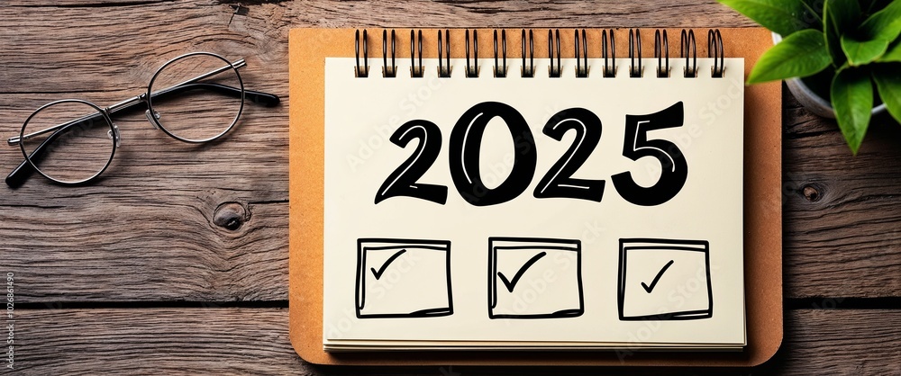 The notepad displays the year '2025' in bold, black, hand-drawn style ...
