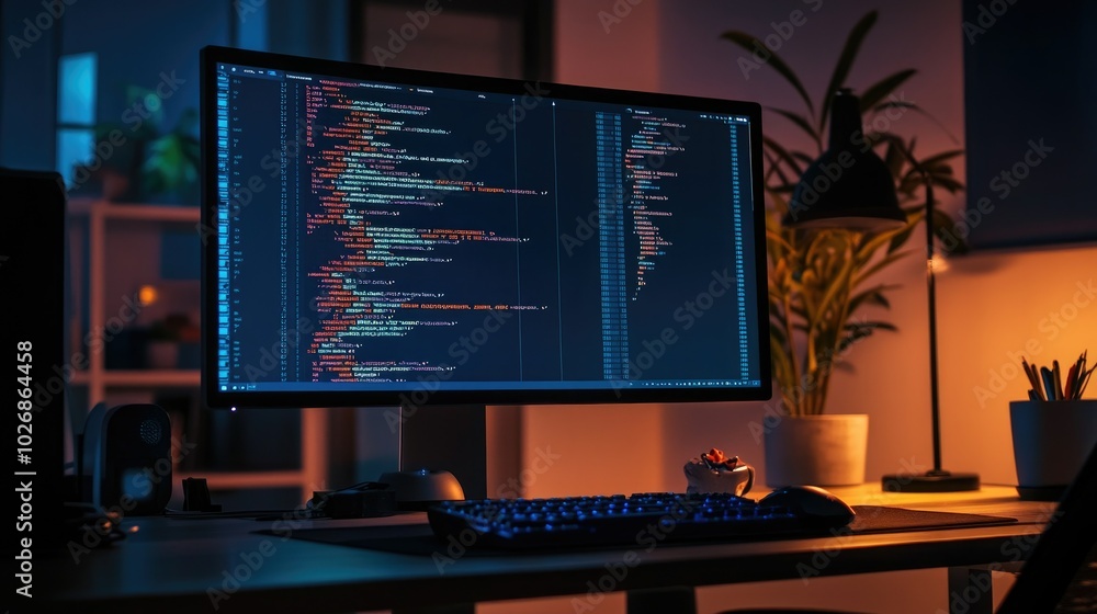 A computer setup with code on the screen, representing learning python ...