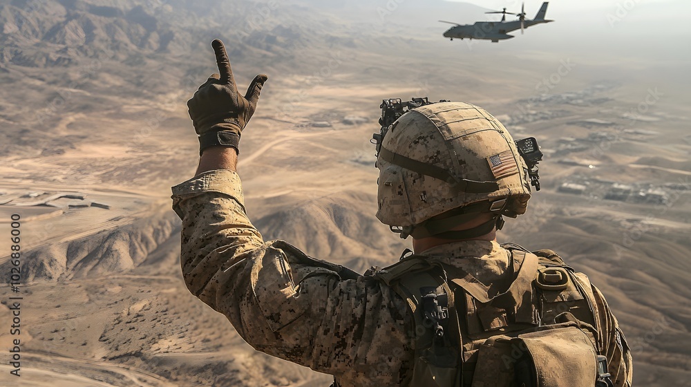 Marine soldier giving strategic hand signals while the air-force flies ...