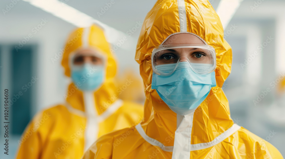 Workers wearing full protective gear, including masks and goggles ...