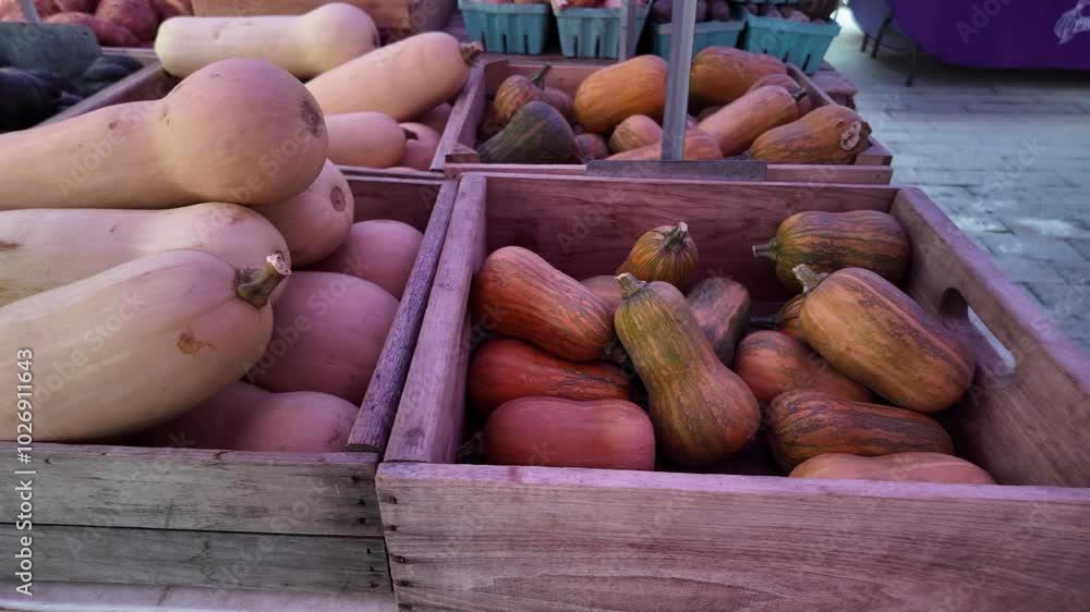 Two wooden crates filled with different varieties of winter squash ...