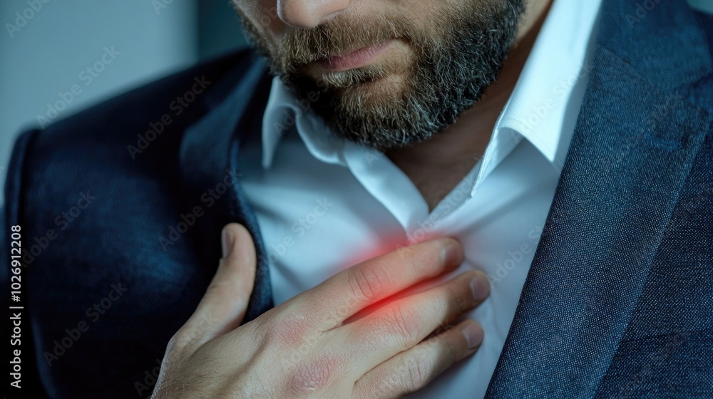 Heart attack sign: Individual holding their chest in pain, symbolizing ...