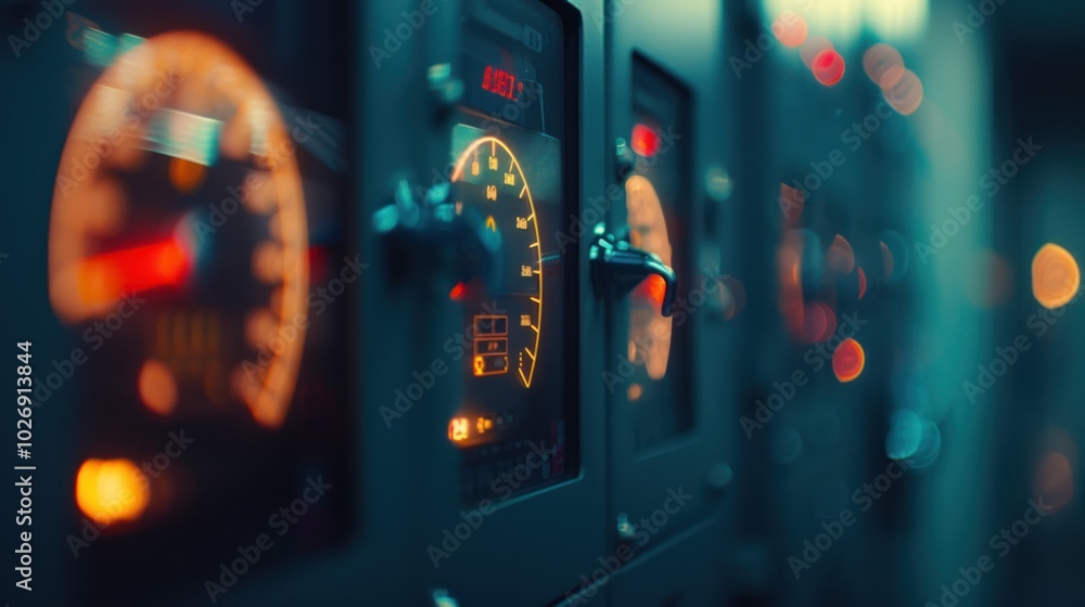 Close-up of an aircraft cockpit control panel with glowing gauges and ...