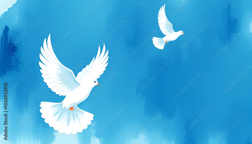 Horizontal AI illustration white doves soaring against abstract blue ...