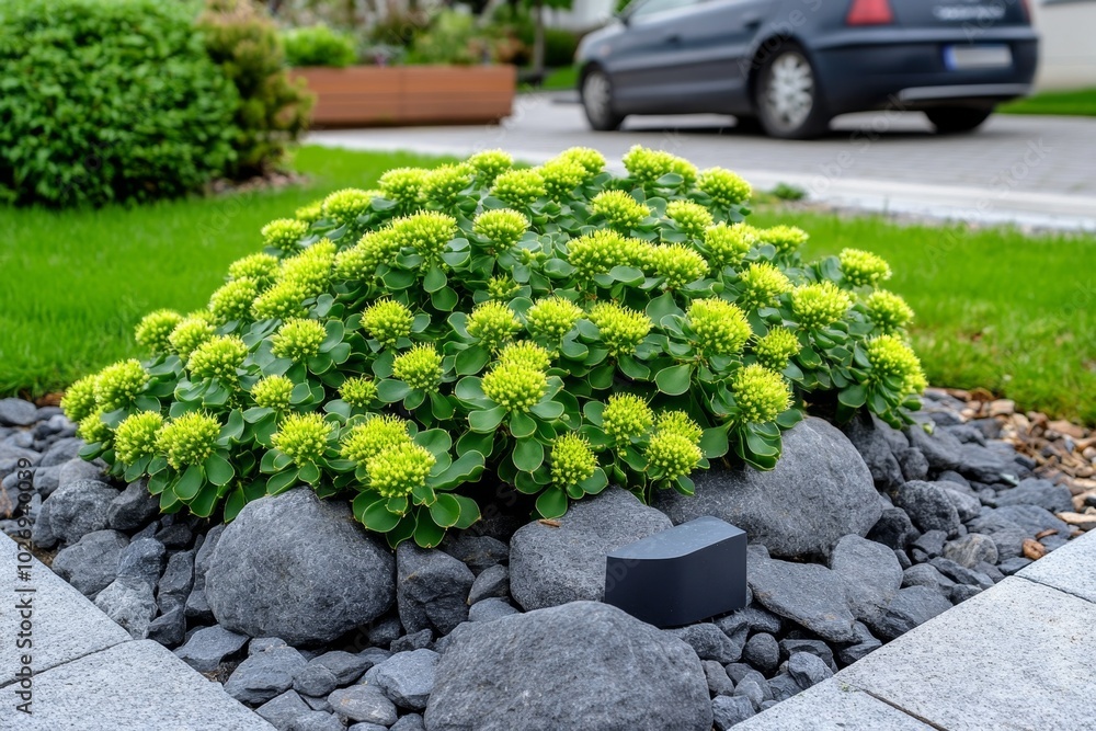 Euphorbia myrsinites planted in a rockery, with its trailing habit ...