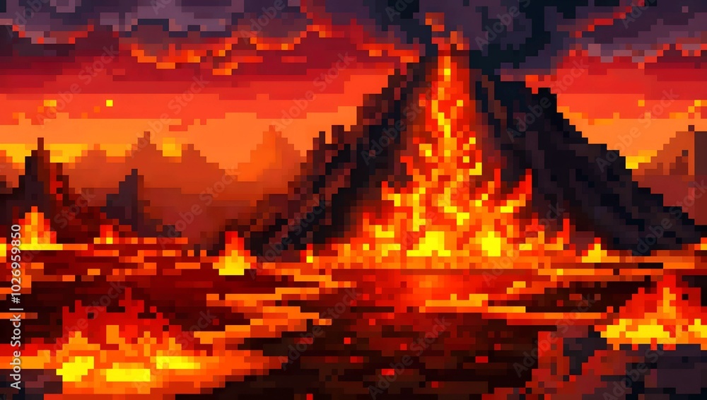 Lava flow in a fiery volcanic landscape pixel art background. 8-bit ...