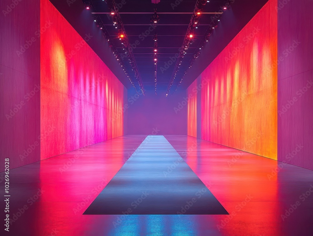 an empty floodlit catwalk set for a fashion show, with a sleek and ...