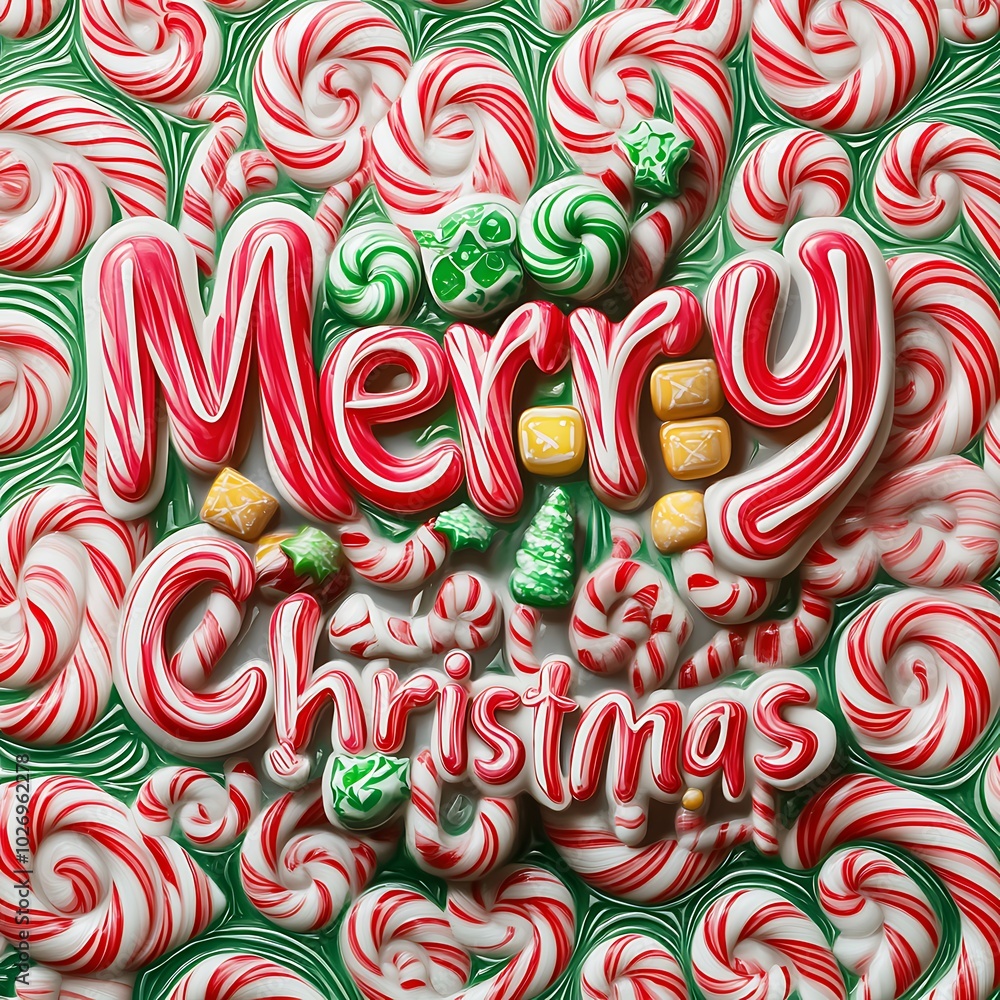 "Merry Christmas" written in playful candy fonts, each letter a ...