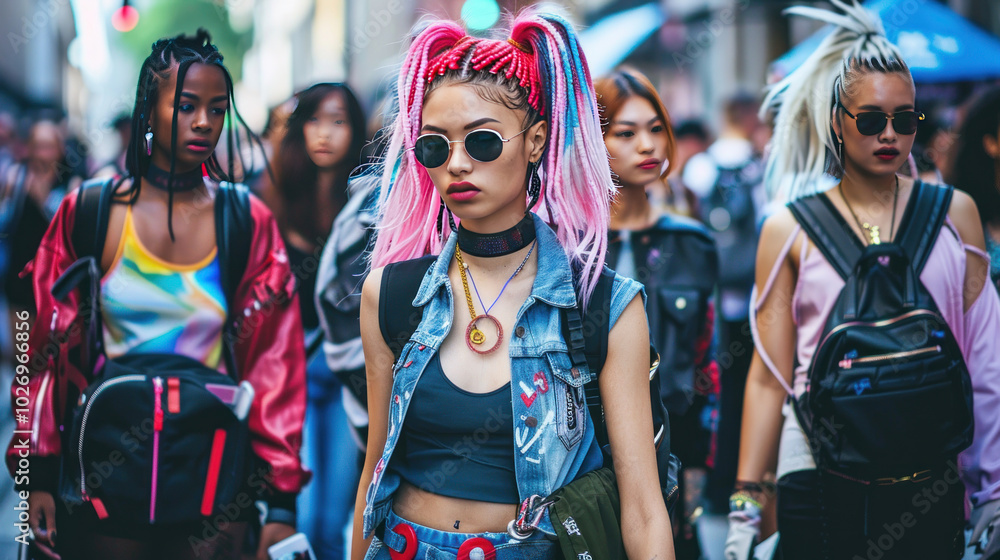 Street style festival where trendsetters walk through urban settings ...