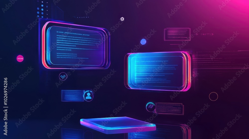 Futuristic digital interface with neon lights and data visualization on ...