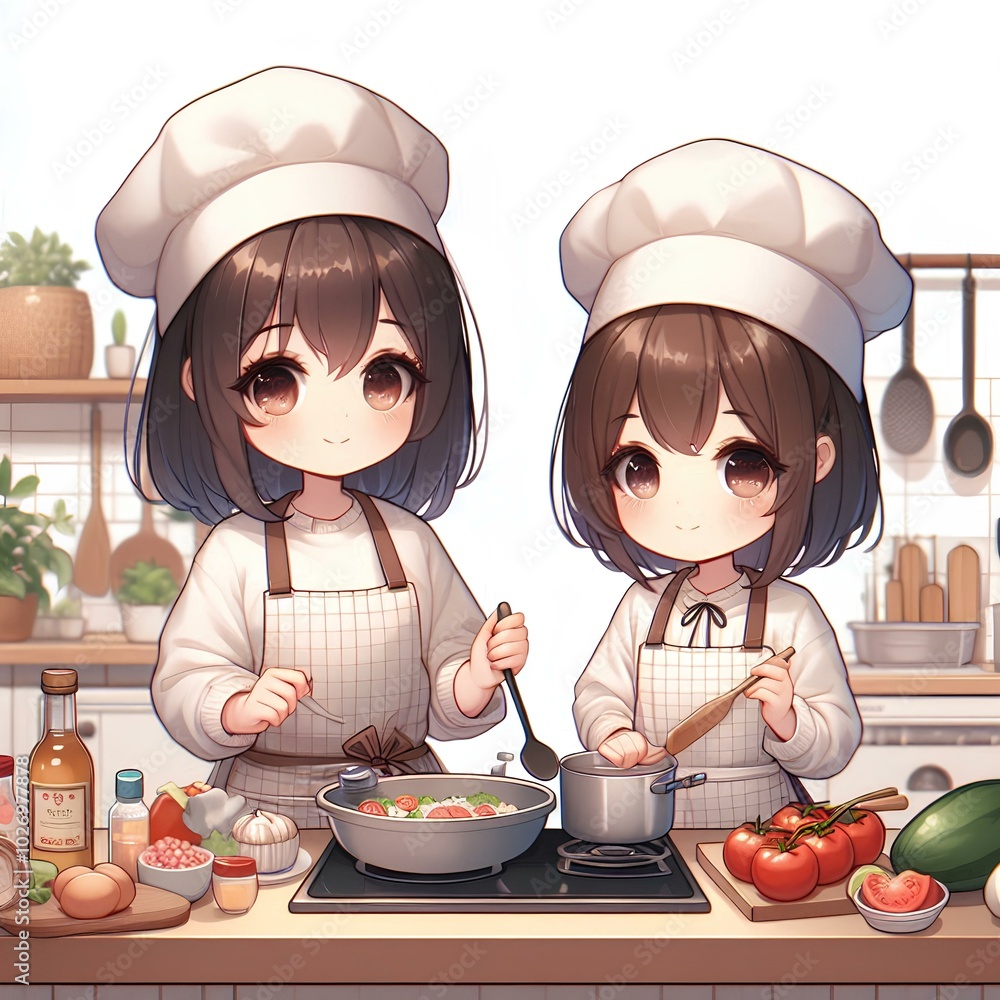 Cute anime girl chef in the kitchen cartoon. kawaii Asian woman cooking ...