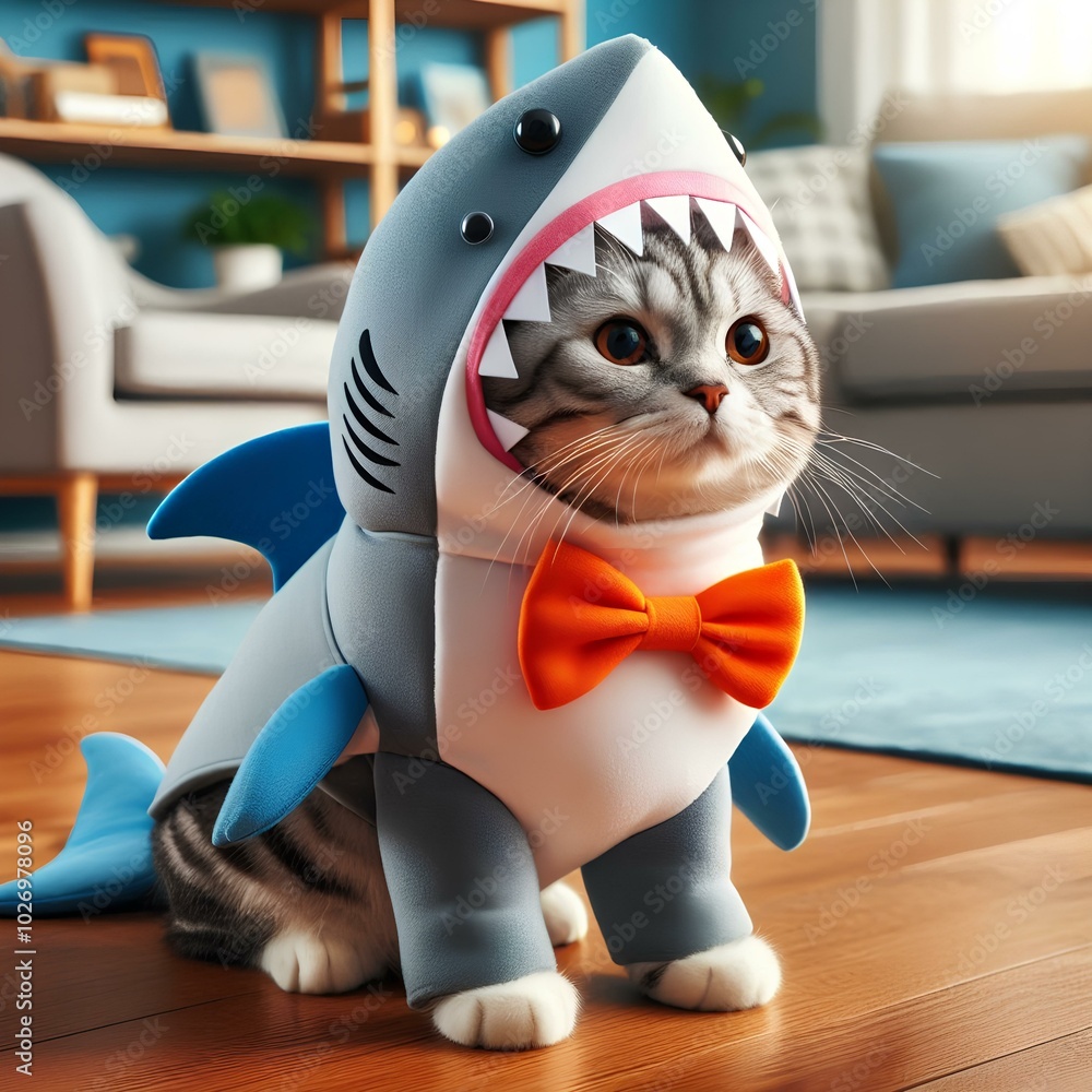Cute cat wearing shark costume at home, halloween party invitation, pet ...