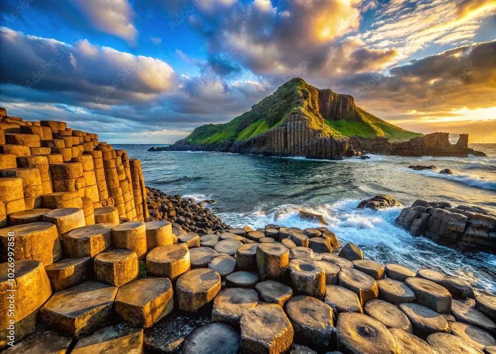 Stunning View of the Giant's Causeway with Unique Hexagonal Basalt ...