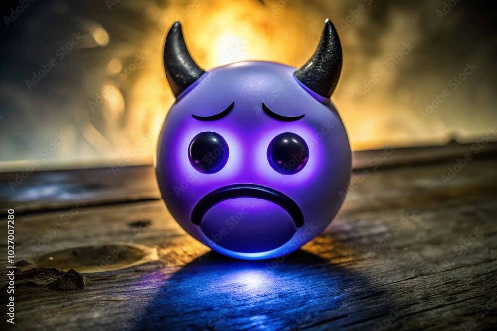 Sad Devil Emoji in Low Light - 3D Angry Emoticon with Horns and Frown ...
