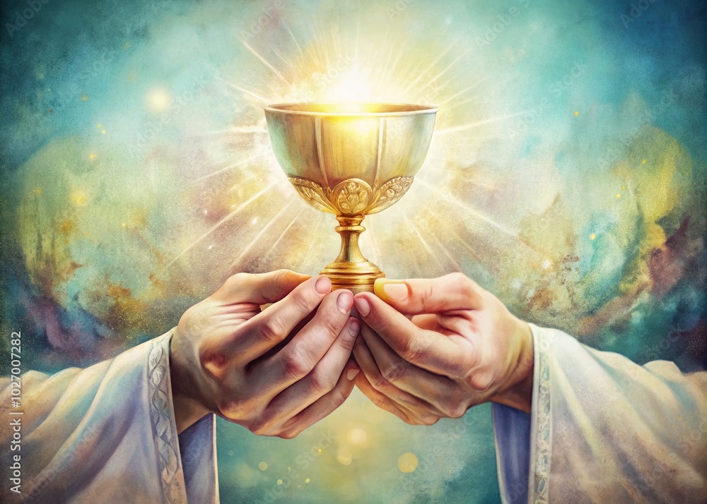 Sacred Chalice of Eucharist on Watercolor Background - Divine Communion ...