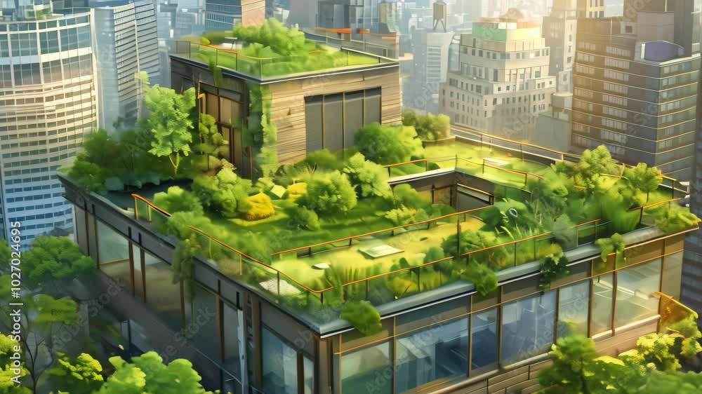 A vibrant green rooftop garden transforms a city building into an oasis ...