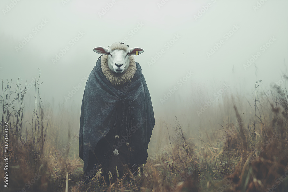 Sheep in a wizards robe standing in a foggy Halloween field, wizard ...
