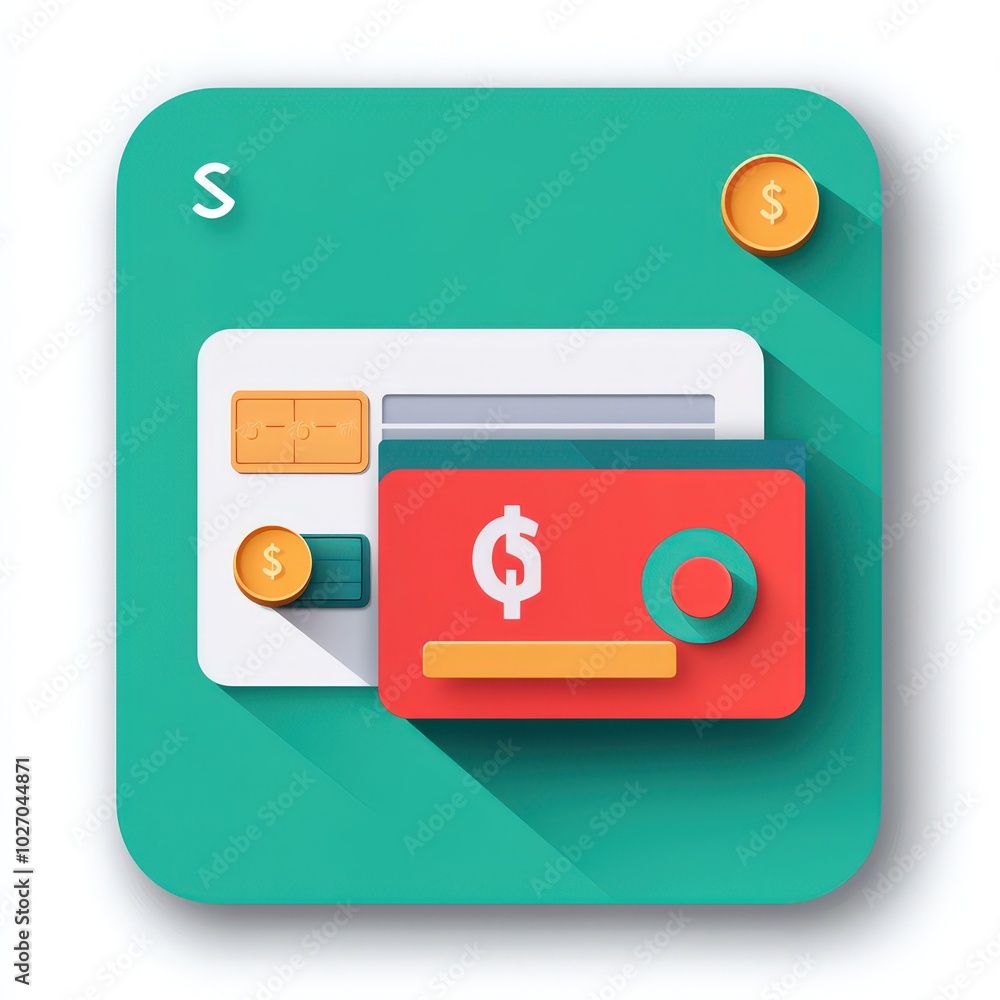 Stylized illustration of a debit card and cash on a colorful background ...