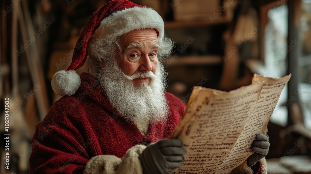 Santa Claus reading a long list of names with a thoughtful expression ...
