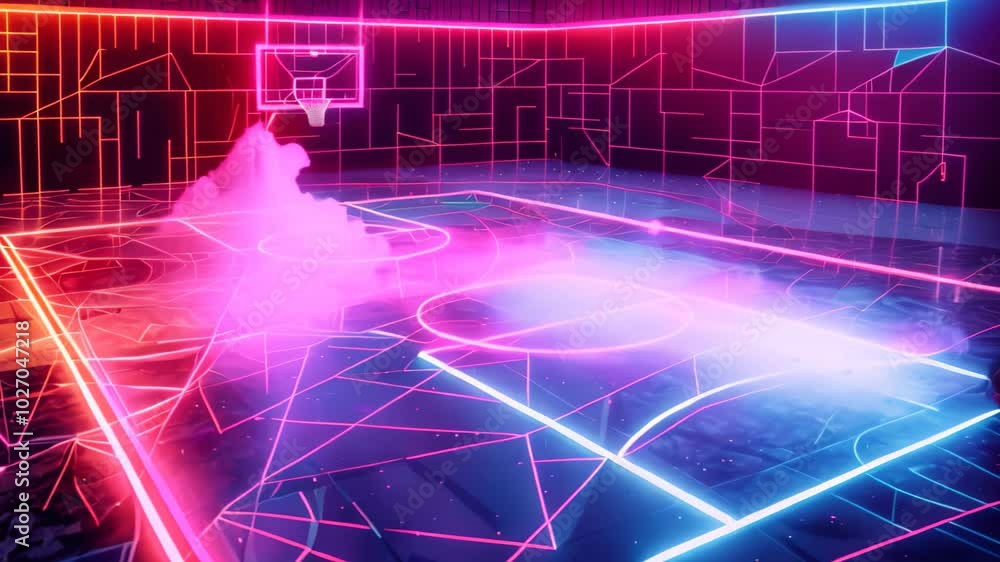 A futuristic basketball court illuminated by neon lights, featuring a ...