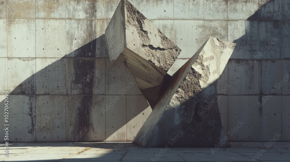 Abandoned brutalist monument with angular concrete shapes casting ...