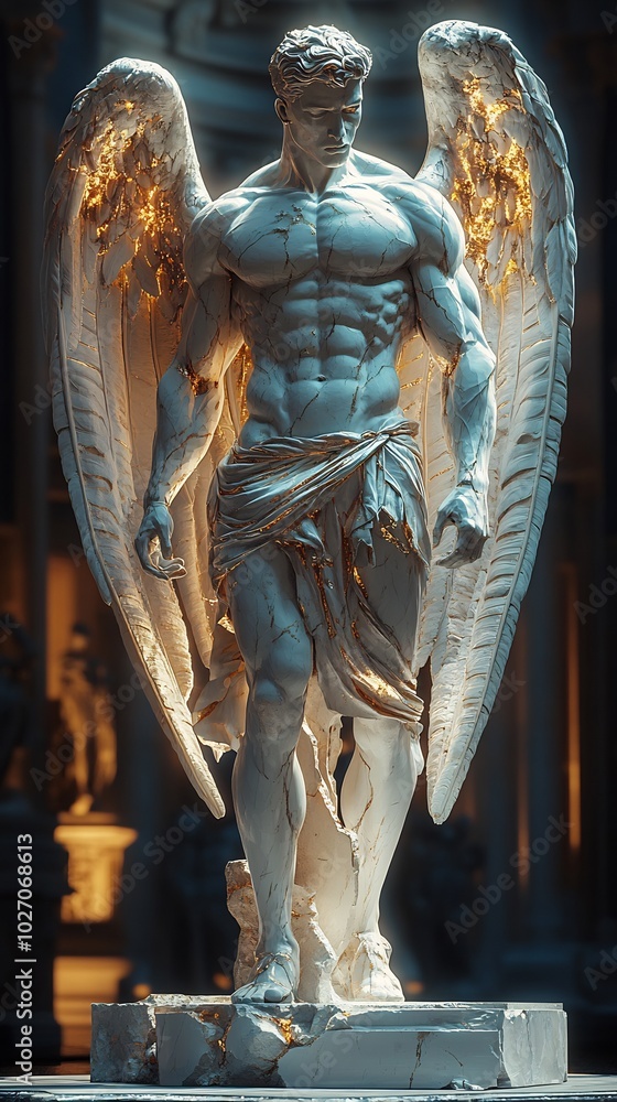 16k CGI image of a marble statue of a muscular man with angel wings in ...