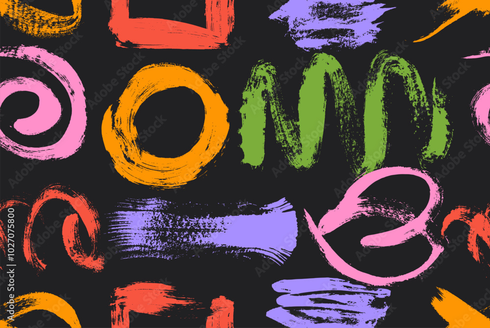 Seamless pattern with funky abstract shapes drawn with color brush ...