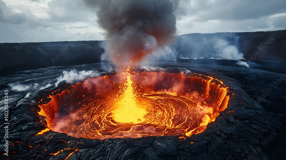27. A volcano spewing ash and lava, with molten rocks flying into the ...