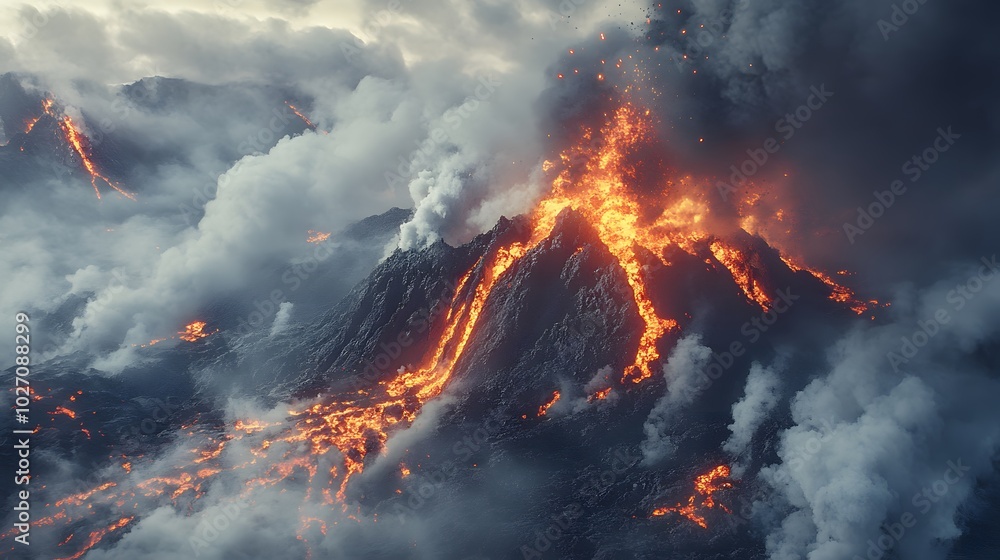 27. A volcano spewing ash and lava, with molten rocks flying into the ...