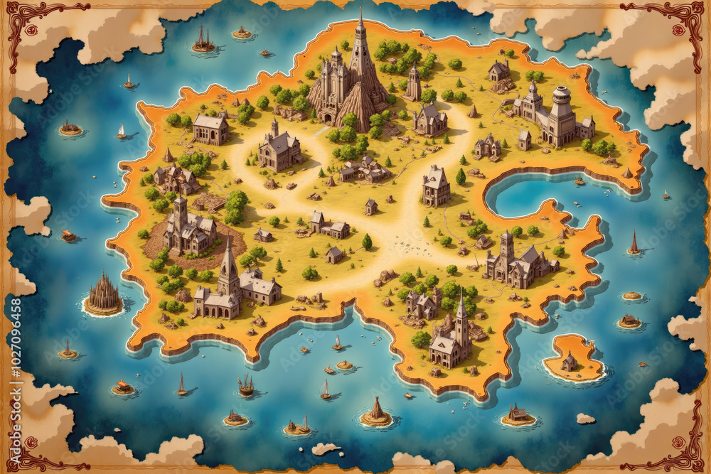 Fantasy map showing buildings and ships on island at sea Stock ...
