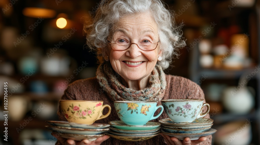 Foto de Woman is holding a stack of teacups and smiling. teacups are of ...