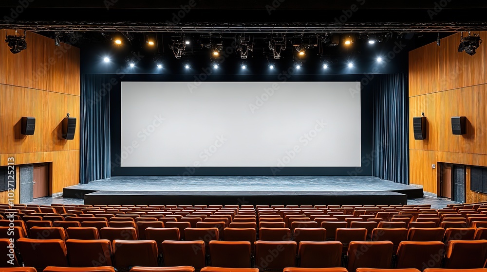 Row of seats and wide format mock up blank screen with stage, Cinema ...