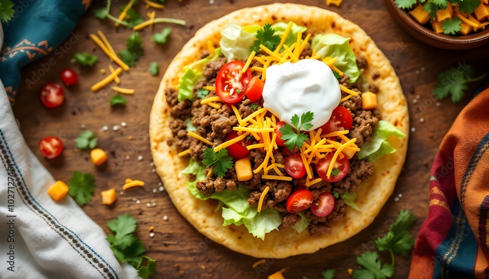 Bannock Taco with Ground Beef, Lettuce, Tomato, Cheese, and Sour Cream ...